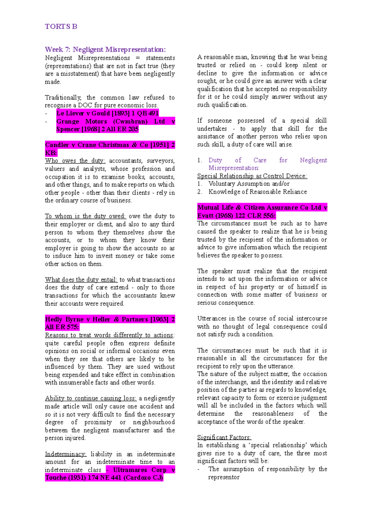 Week 7 TB - Lecture notes 7 - Week 7: Negligent Misrepresentation ...