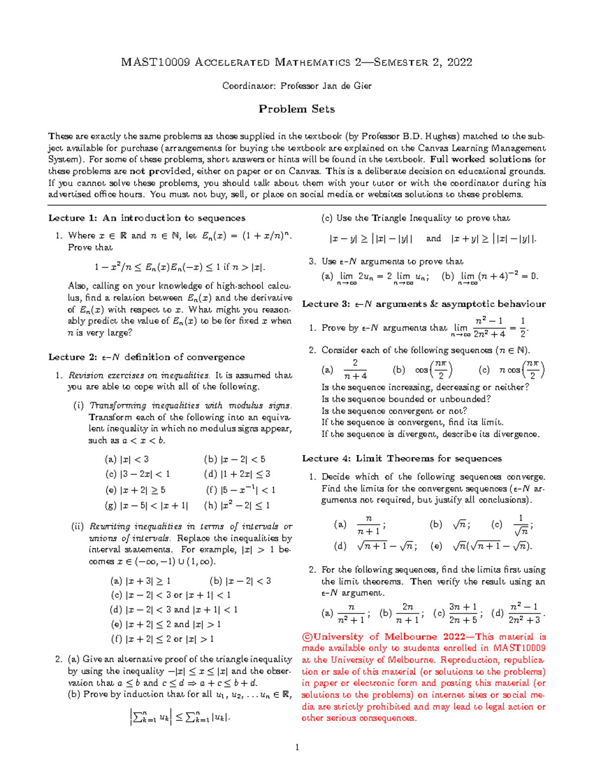 Problem Sets MAST 10009-2022 - MAST10009 Accelerated Mathematics 2 ...