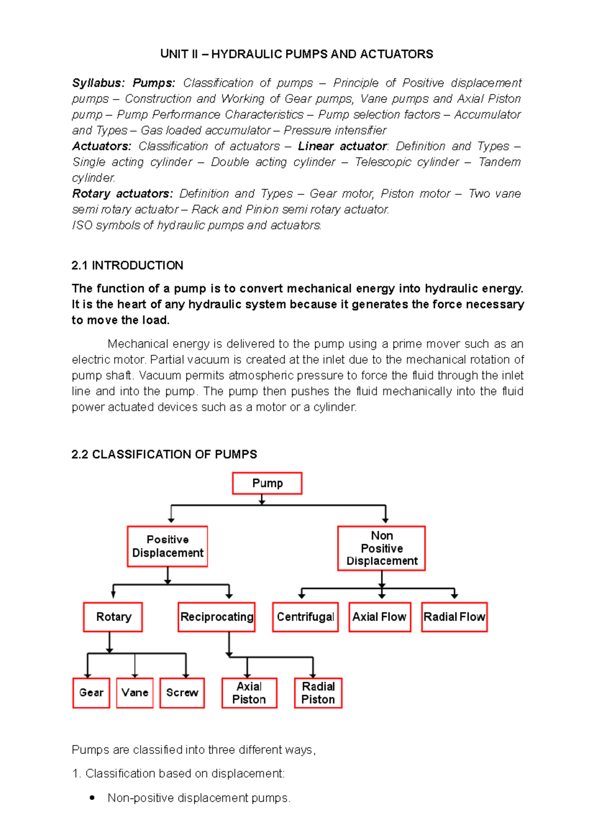 FPA UNIT II - HYDRAULIC PUMPS - UNIT II – HYDRAULIC PUMPS AND ACTUATORS ...