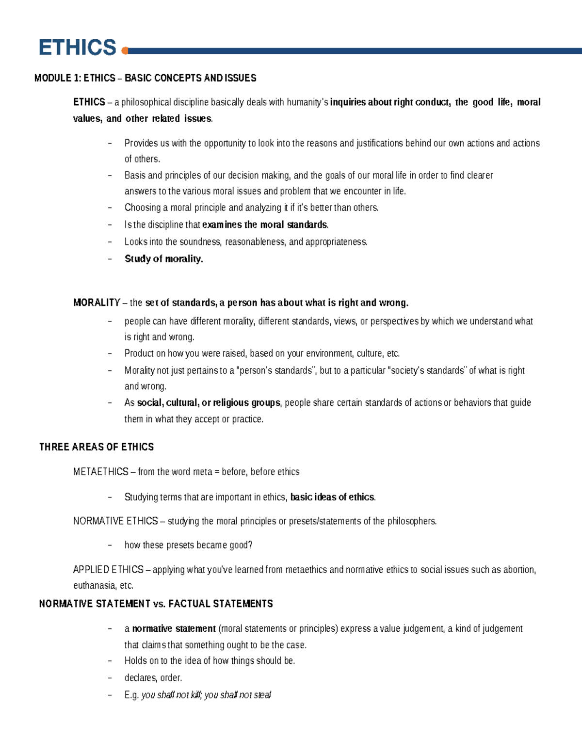 Ethics Module 1 - MODULE 1: ETHICS – BASIC CONCEPTS AND ISSUES ETHICS – a philosophical ...