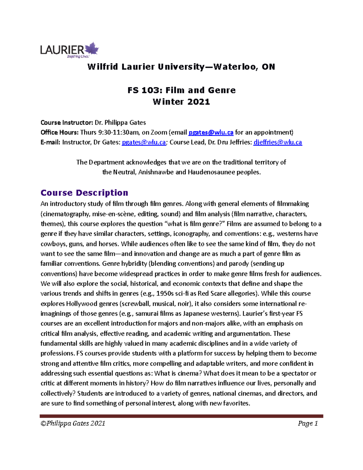 Course Outline FS 103 - Wilfrid Laurier University—Waterloo, ON FS 103 ...