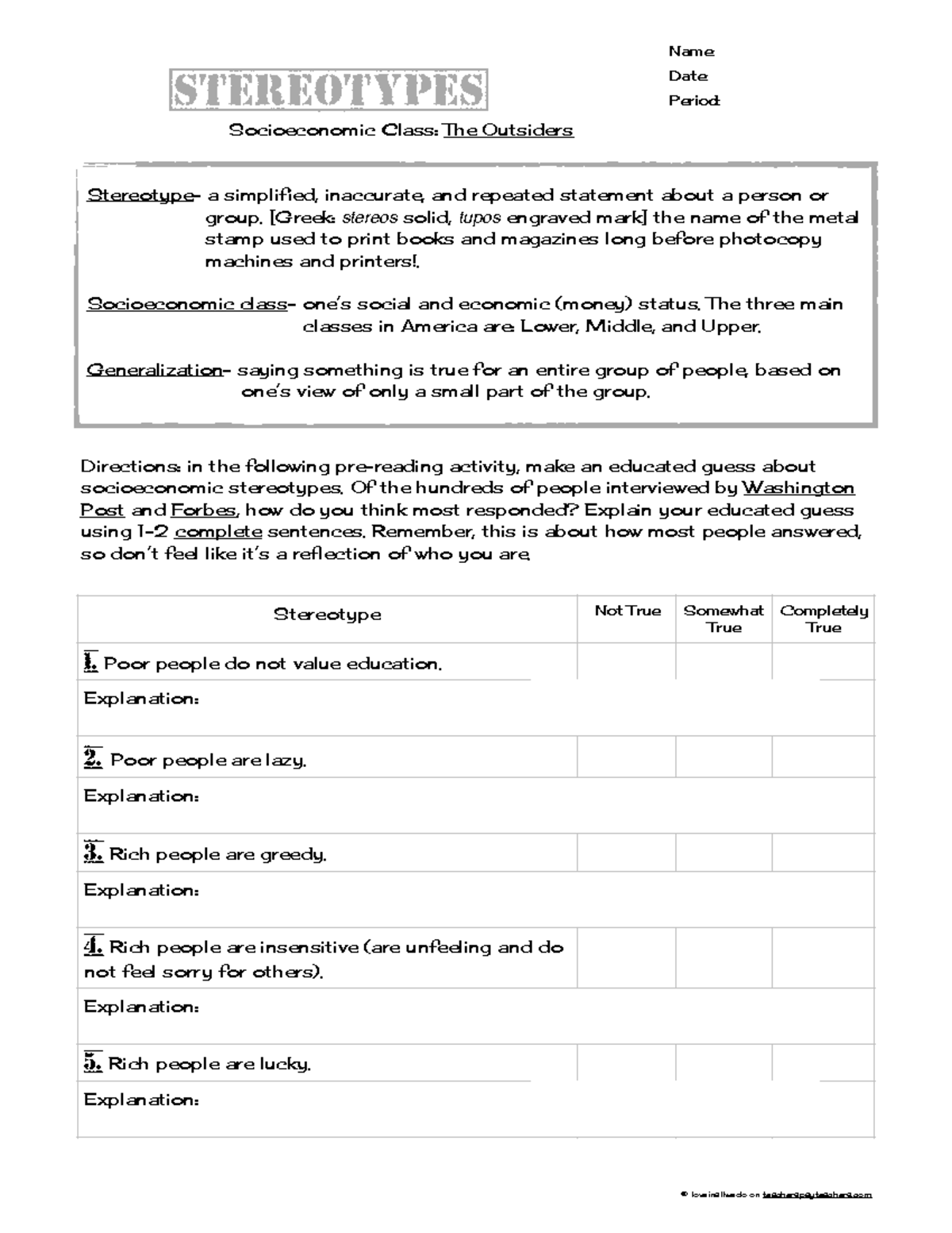 Outsiders prereading stereotypes - [Stereotypes] Socioeconomic Class ...