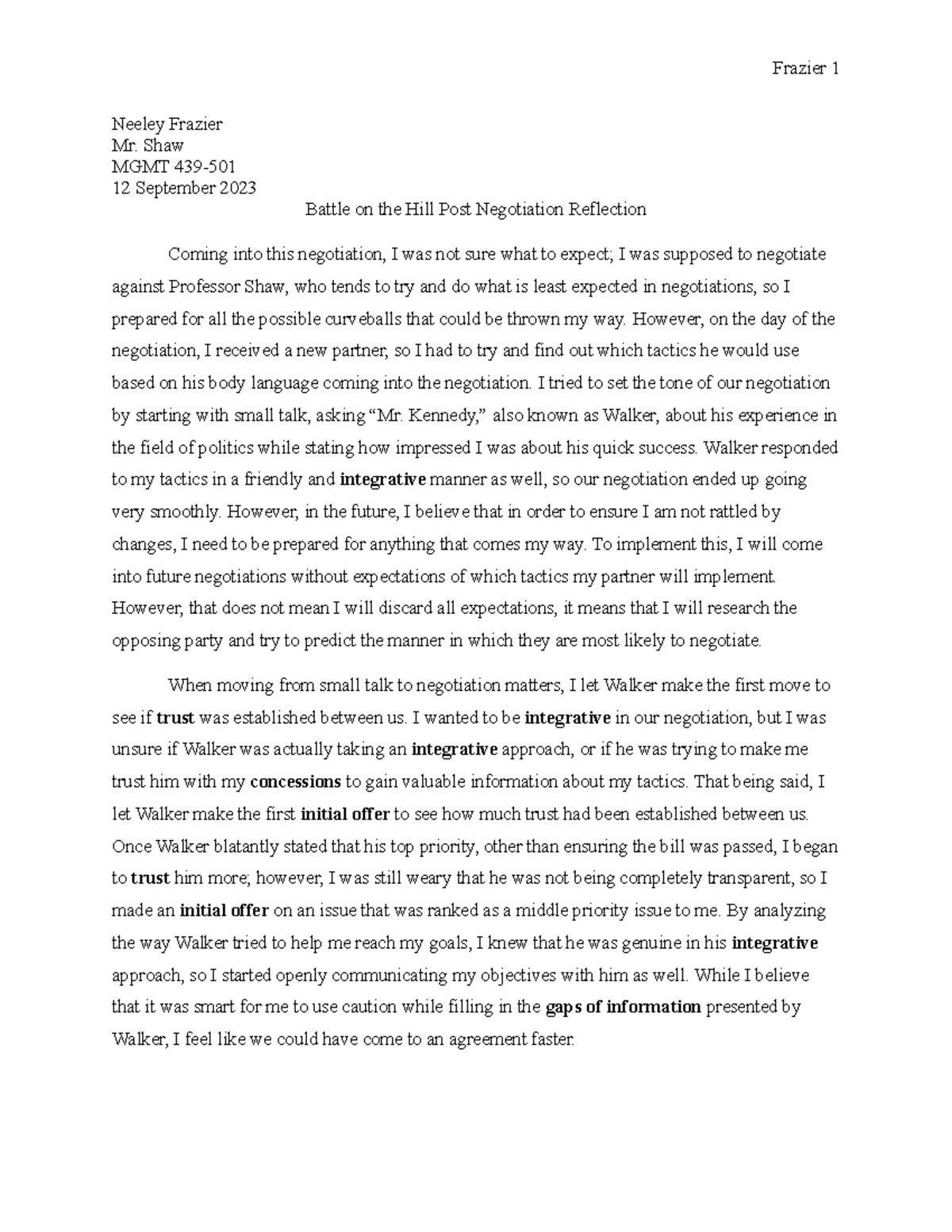 Battle on the Hill Post Negotiation Reflection - Frazier 1 Neeley ...