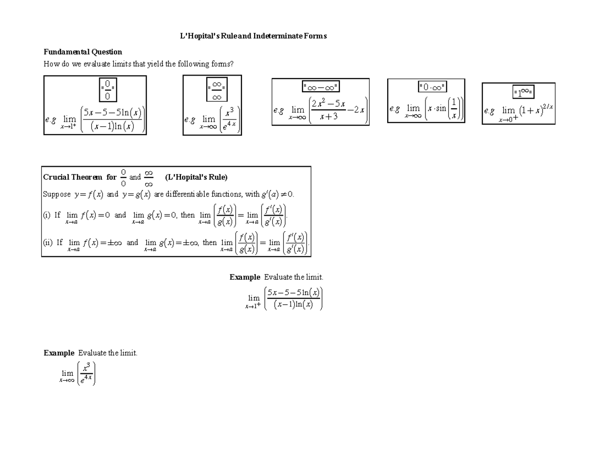 Math 232 LHopital Rule Blank Fall 2022 - L'Hopital's Rule and ...