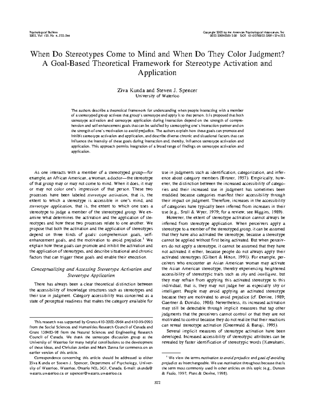 When Do Stereotypes Come to Mind and When Do They Color Judgment ...