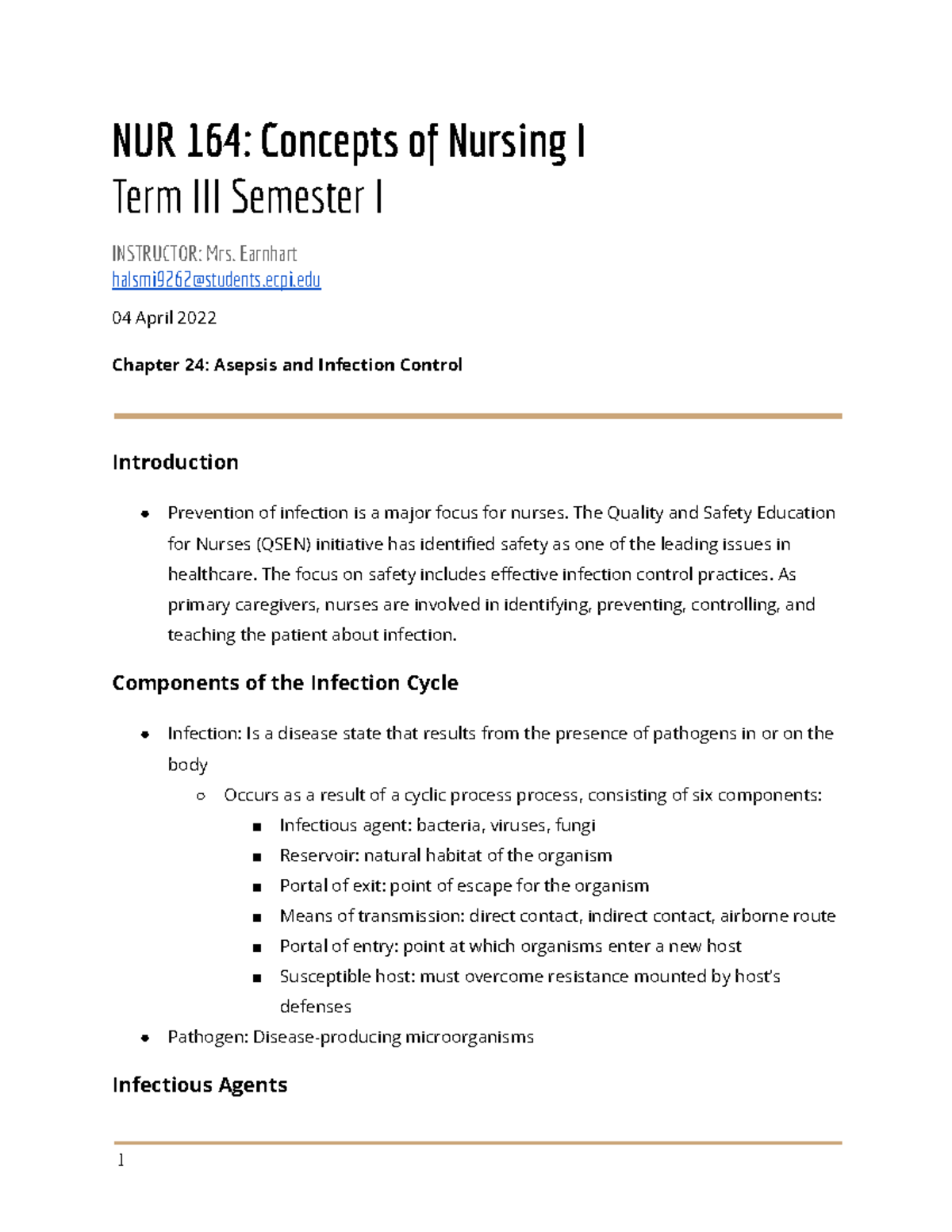 NUR 164 Chapter 24 Notes - NUR 164: Concepts of Nursing I Term III ...