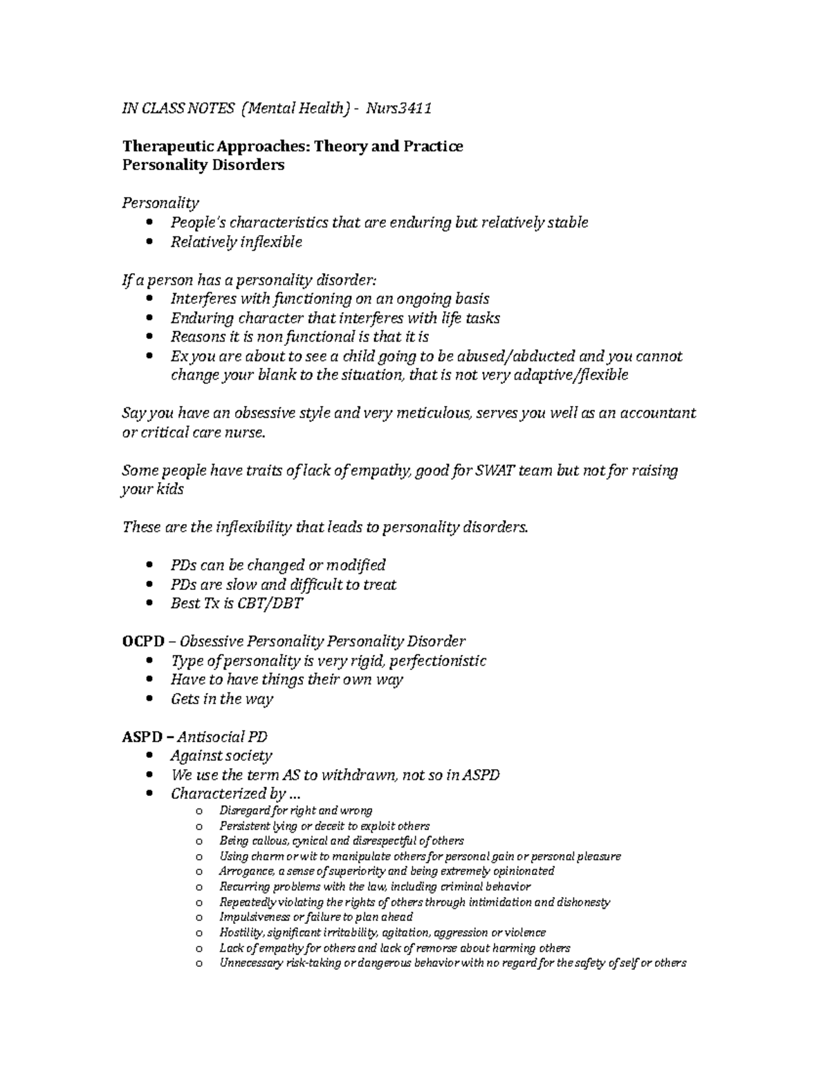 Mental Health Notes - IN CLASS NOTES (Mental Health) - Nurs3411 ...
