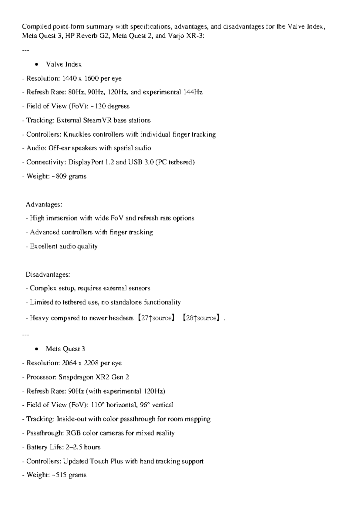 VR Headsets Comparison - Compiled point-form summary with ...