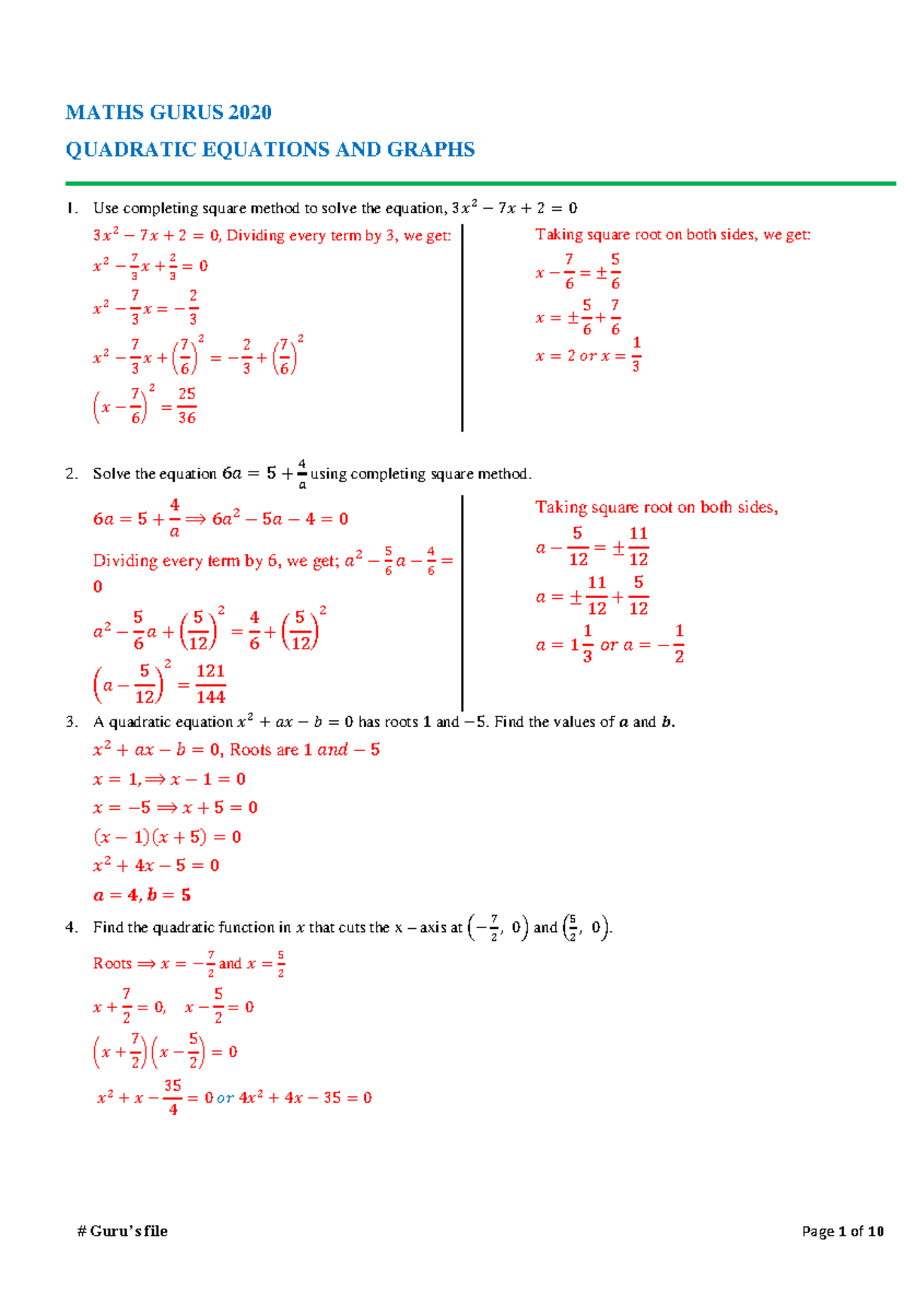 3.1 Quadratic Equation and Expression ms - MATHS GURUS 2020 QUADRATIC ...