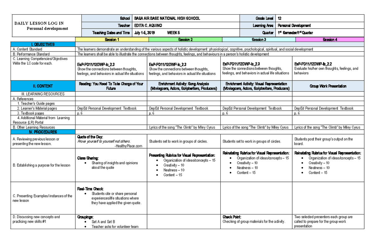Perdev-dll-week-5-july-1-5 compress - DAILY LESSON LOG IN Personal development School BASA AIR ...