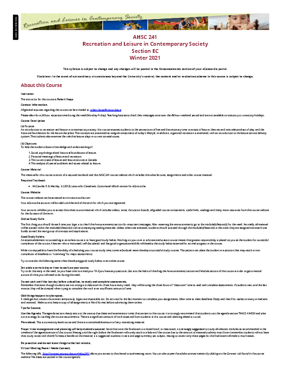 241 course outline - AHSC 241 Recreation and Leisure in Contemporary ...