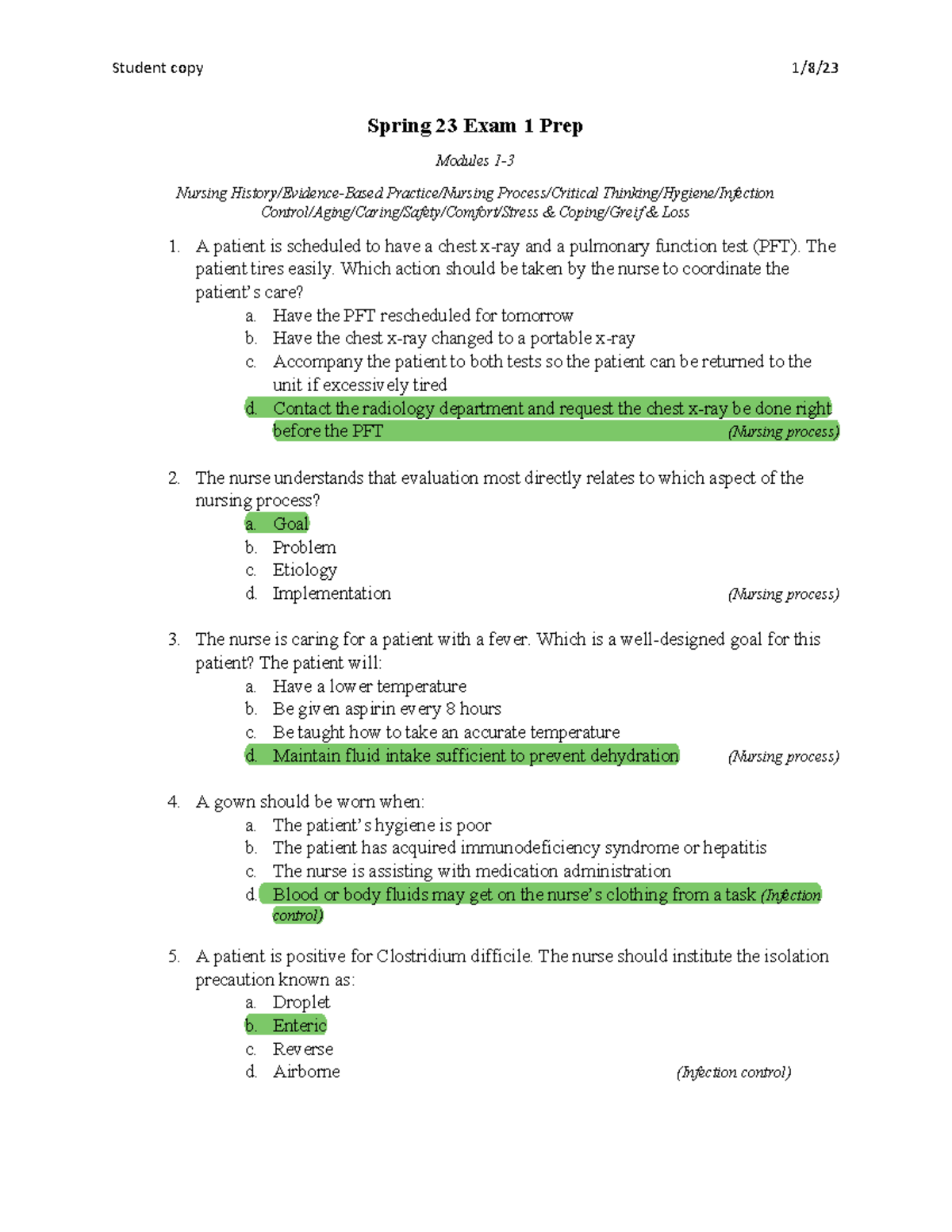 Spring 23 exam 1 prep copy - Spring 23 Exam 1 Prep Modules 1- Nursing ...