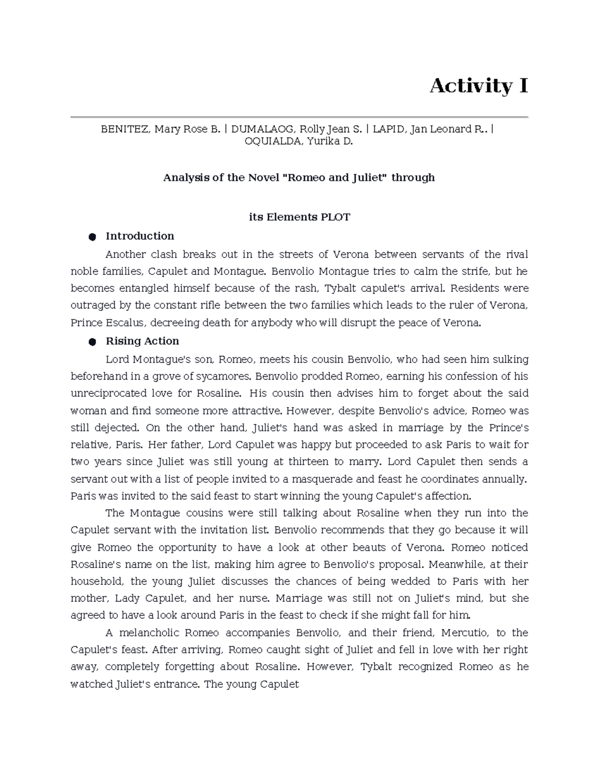 Novel Analysis - Activity I BENITEZ, Mary Rose B.｜DUMALAOG, Rolly Jean ...