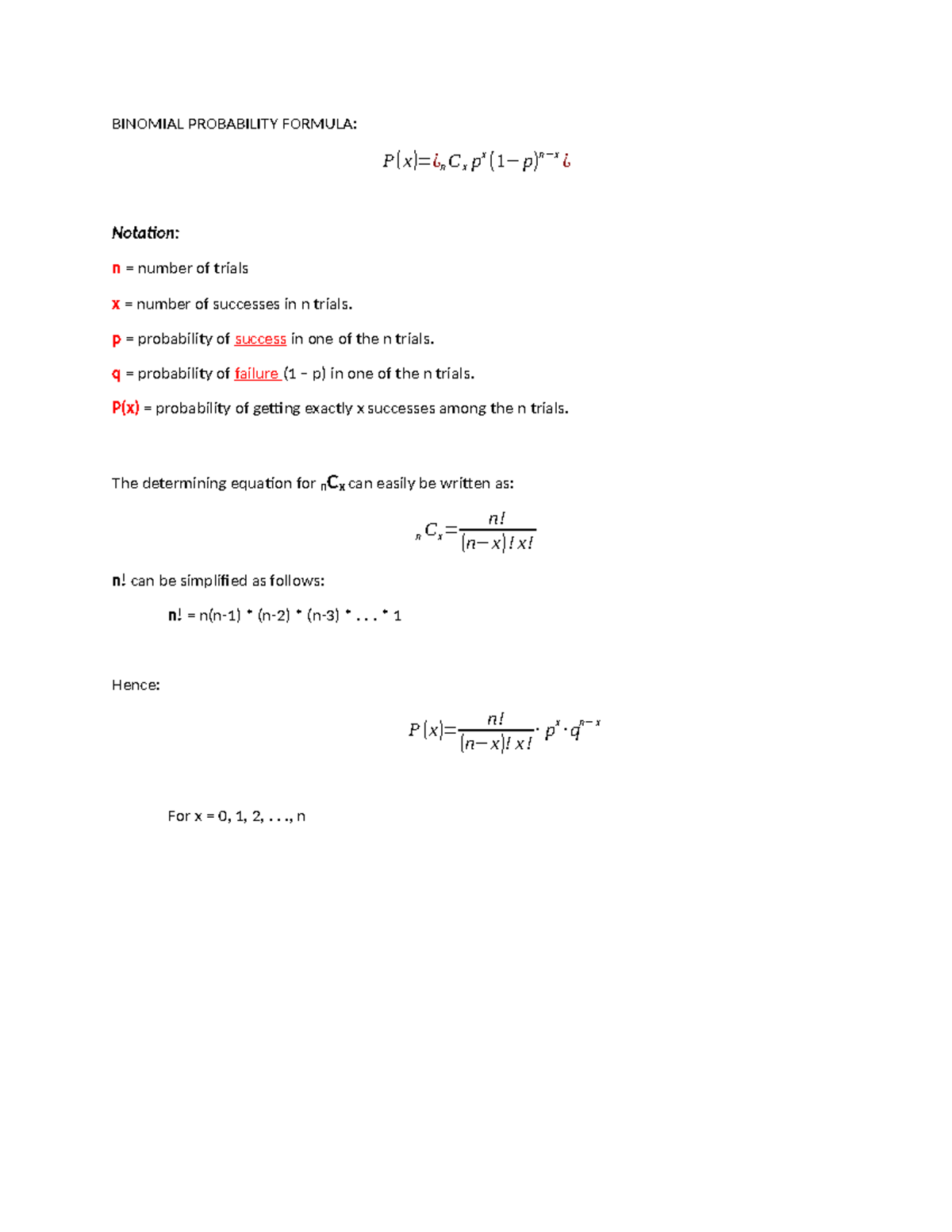 Jaaa - Binomial Distribution - BINOMIAL PROBABILITY FORMULA: P ( x ...