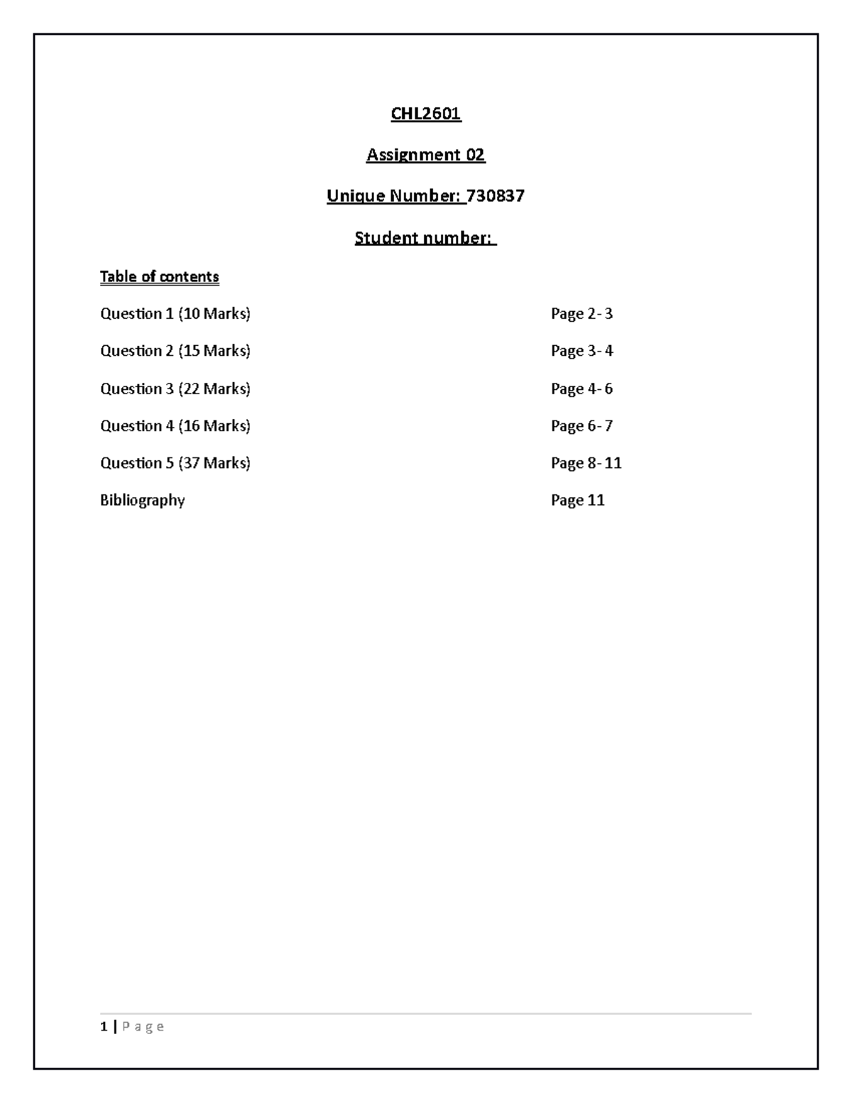CHL2601-Assignment 02 - Student number: - CHL - Assignment Unique Number: Question 1 (10 Marks ...