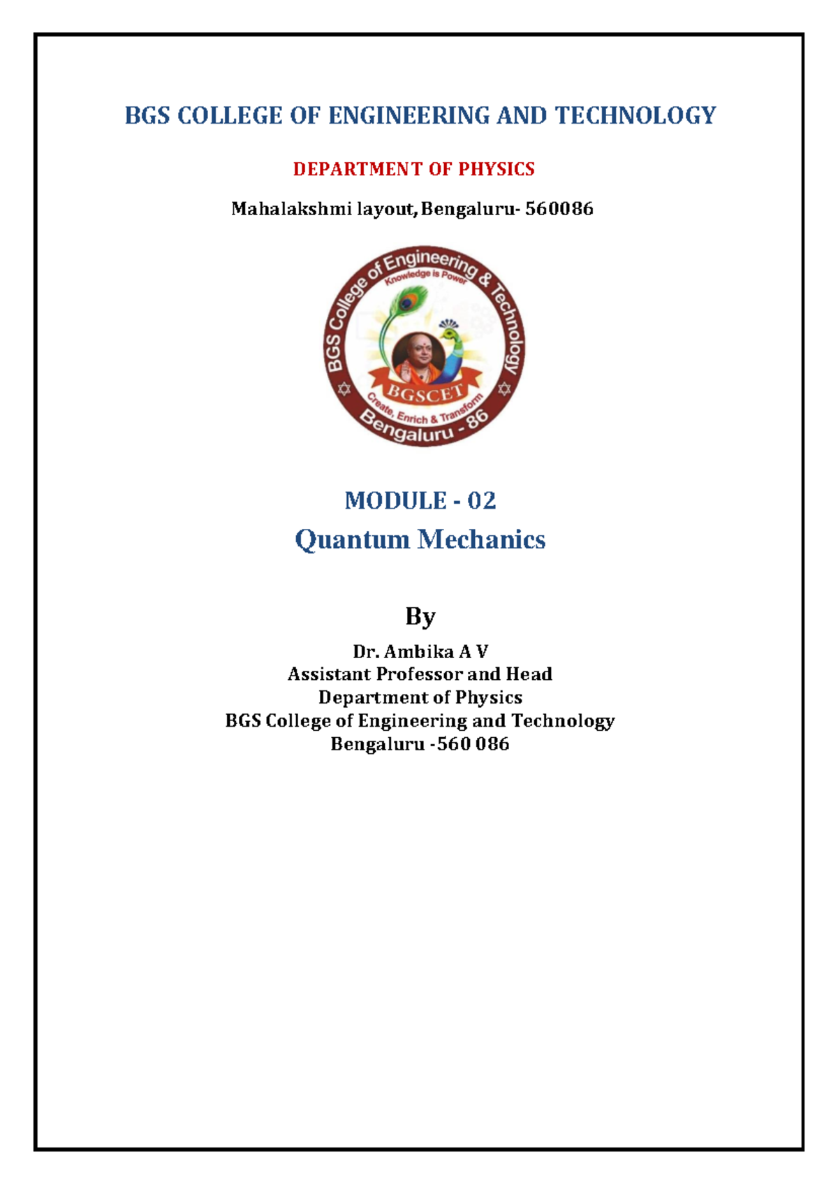 Quantum Mechanics - nice - BGS COLLEGE OF ENGINEERING AND TECHNOLOGY ...