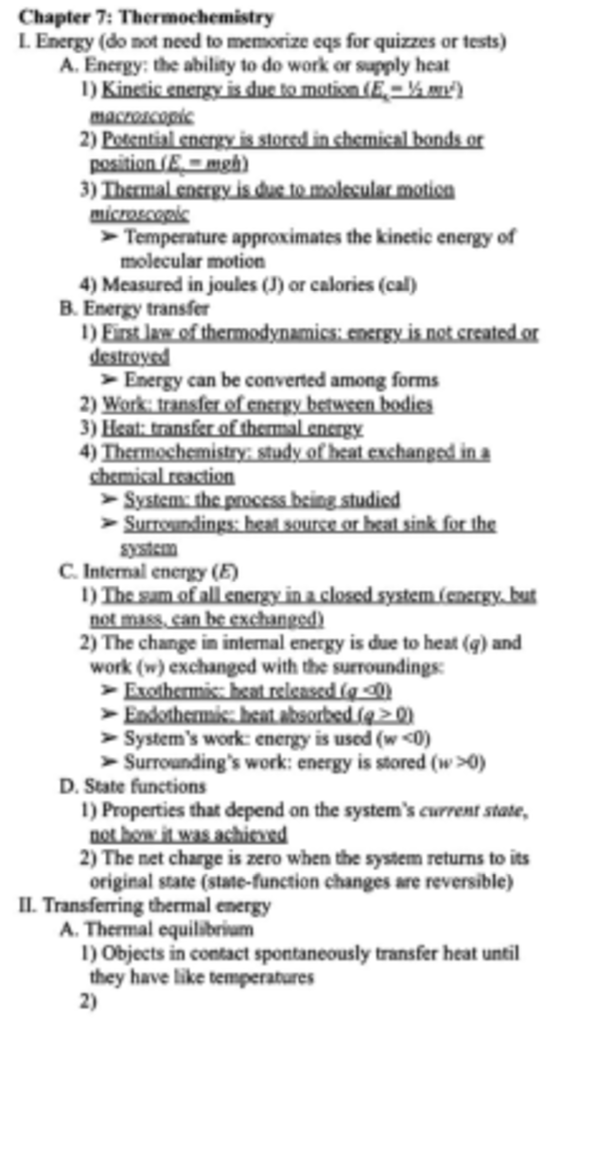 Class notes 10-27 - Chapter 7: Thermochemistry I. Energy (do not need ...