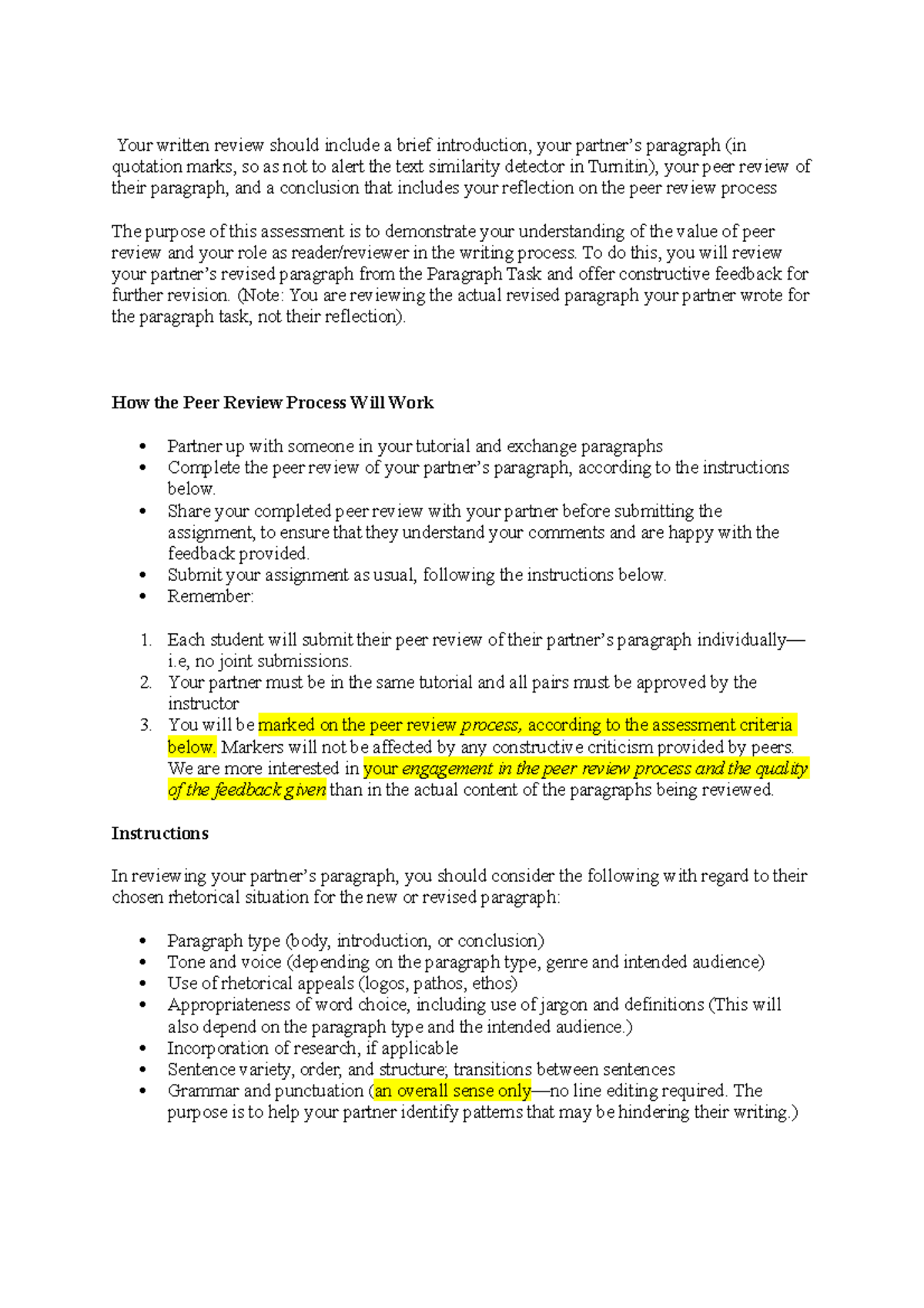 Peer review task instructions - Your written review should include a ...