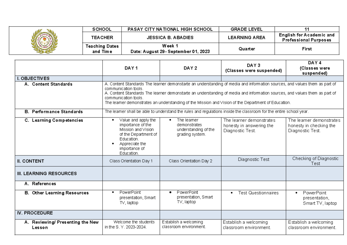 EAPP 11 Q1 W1 - Daily Lesson Plan - SCHOOL PASAY CITY NATIONAL HIGH ...