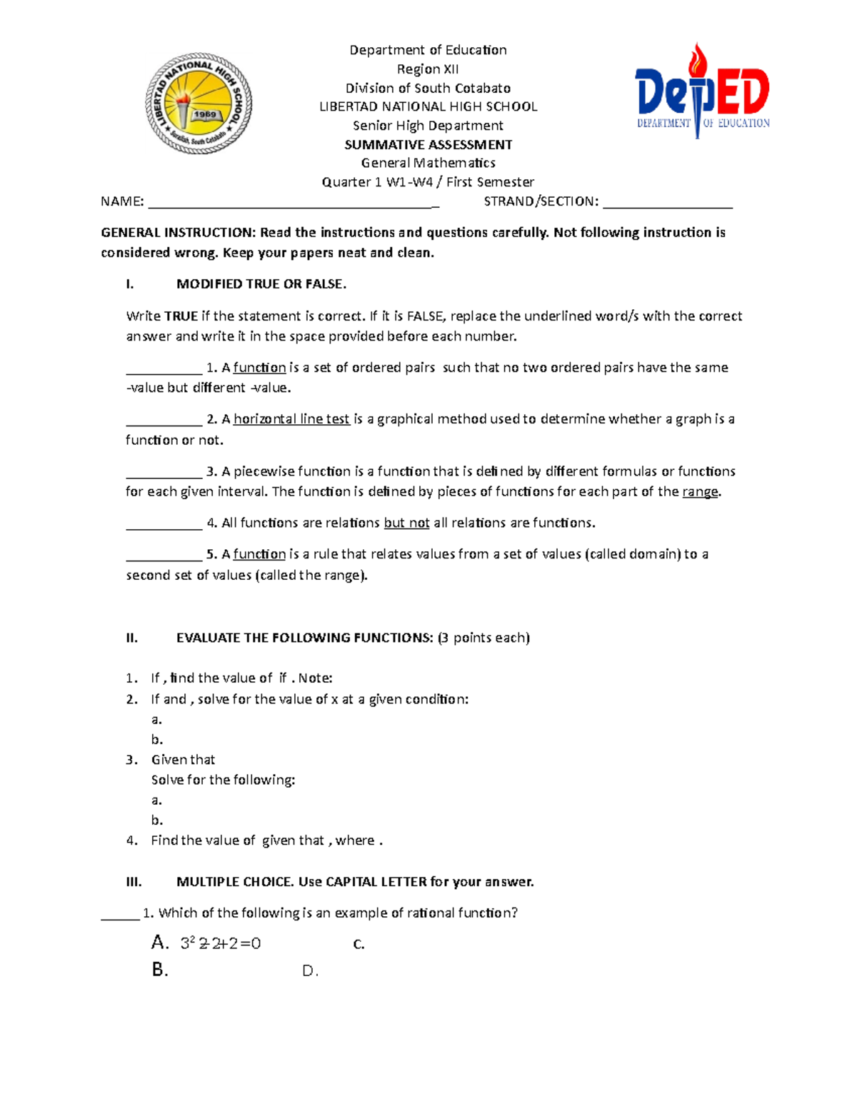 `GEN-MATH- Summative- Assessment-STEM - Department of Education Region ...