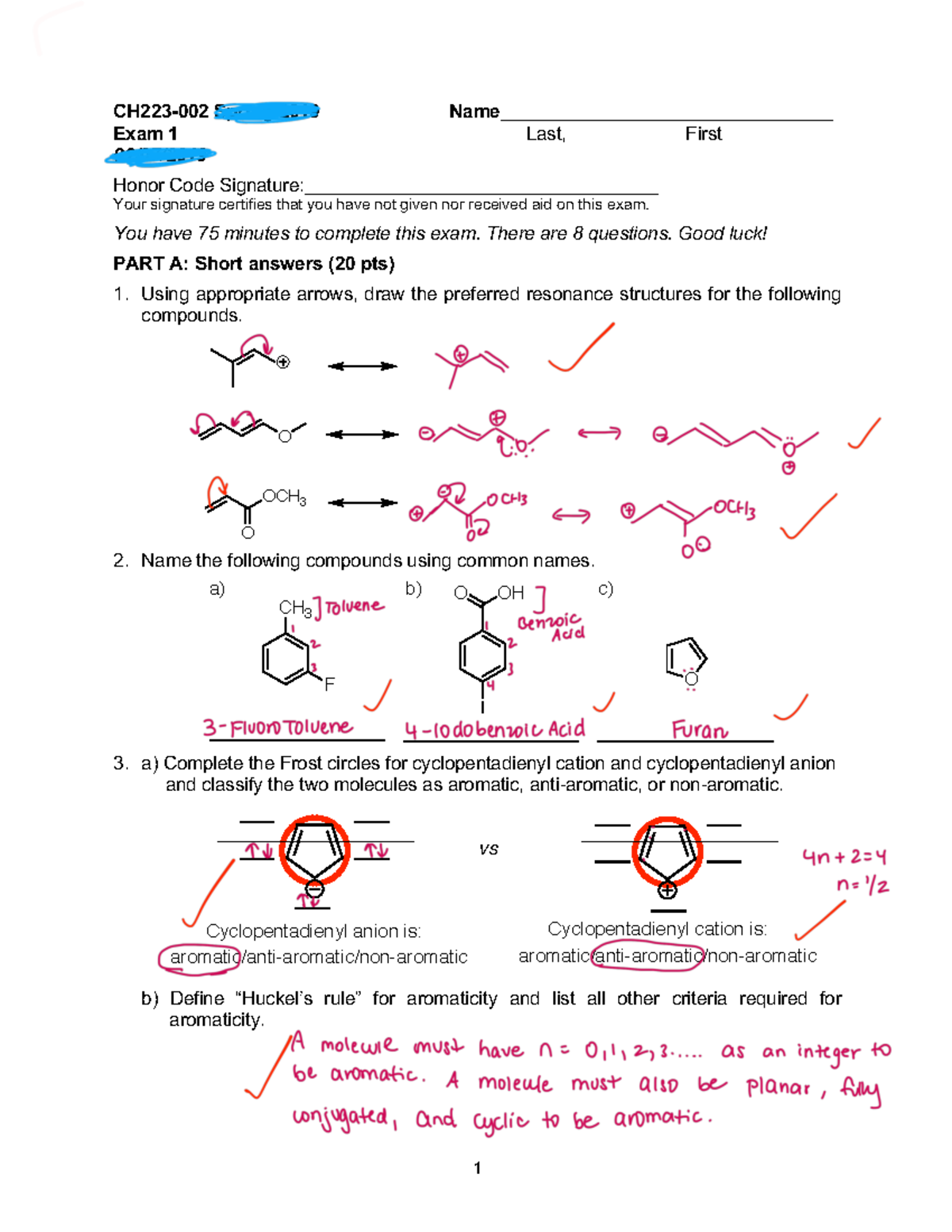 Practice Exam Unit 1 Aromaticity, MO, and Benzene reaction - CH223-002 ...