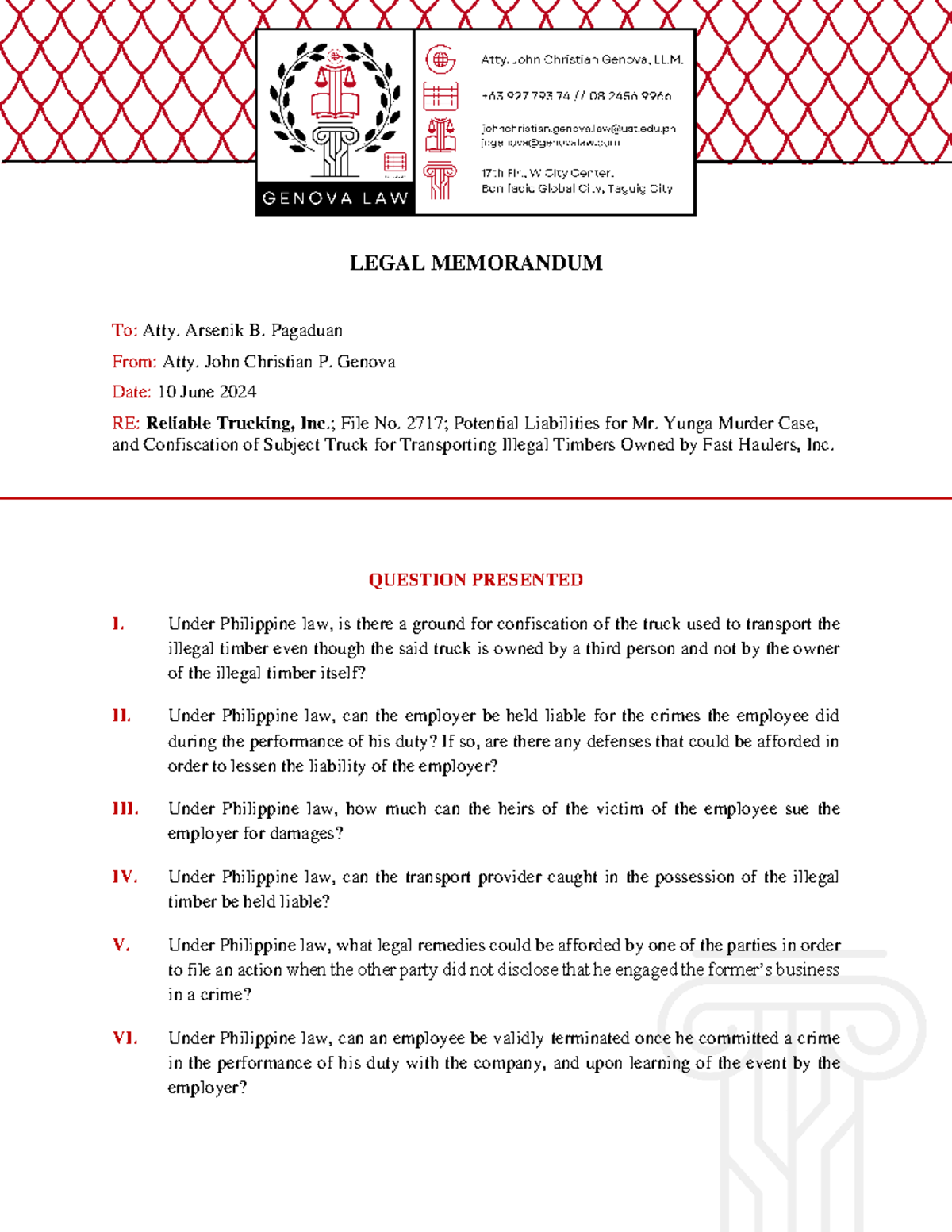Legal MEMORANDUM - LEGAL MEMORANDUM To: Atty. Arsenik B. Pagaduan From ...