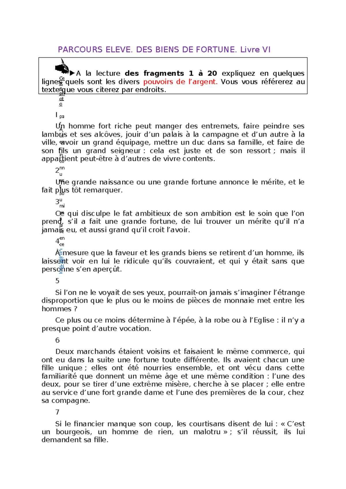 LA Bruyere. Livre 6. DES Biens DE Fortune. Elèves - PARCOURS ELEVE. DES ...