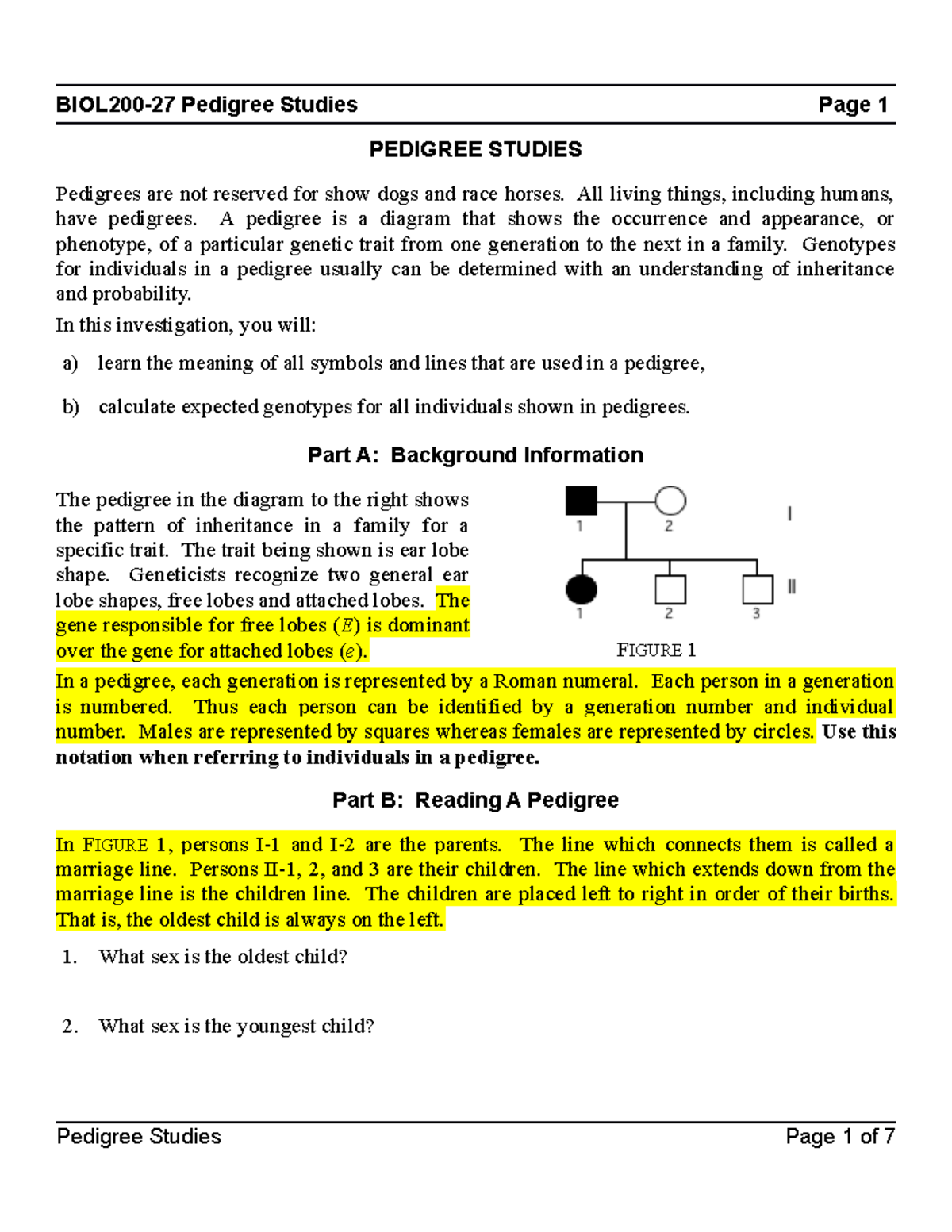 BIOL200-27+Pedigree+Lab - PEDIGREE STUDIES Pedigrees are not reserved ...
