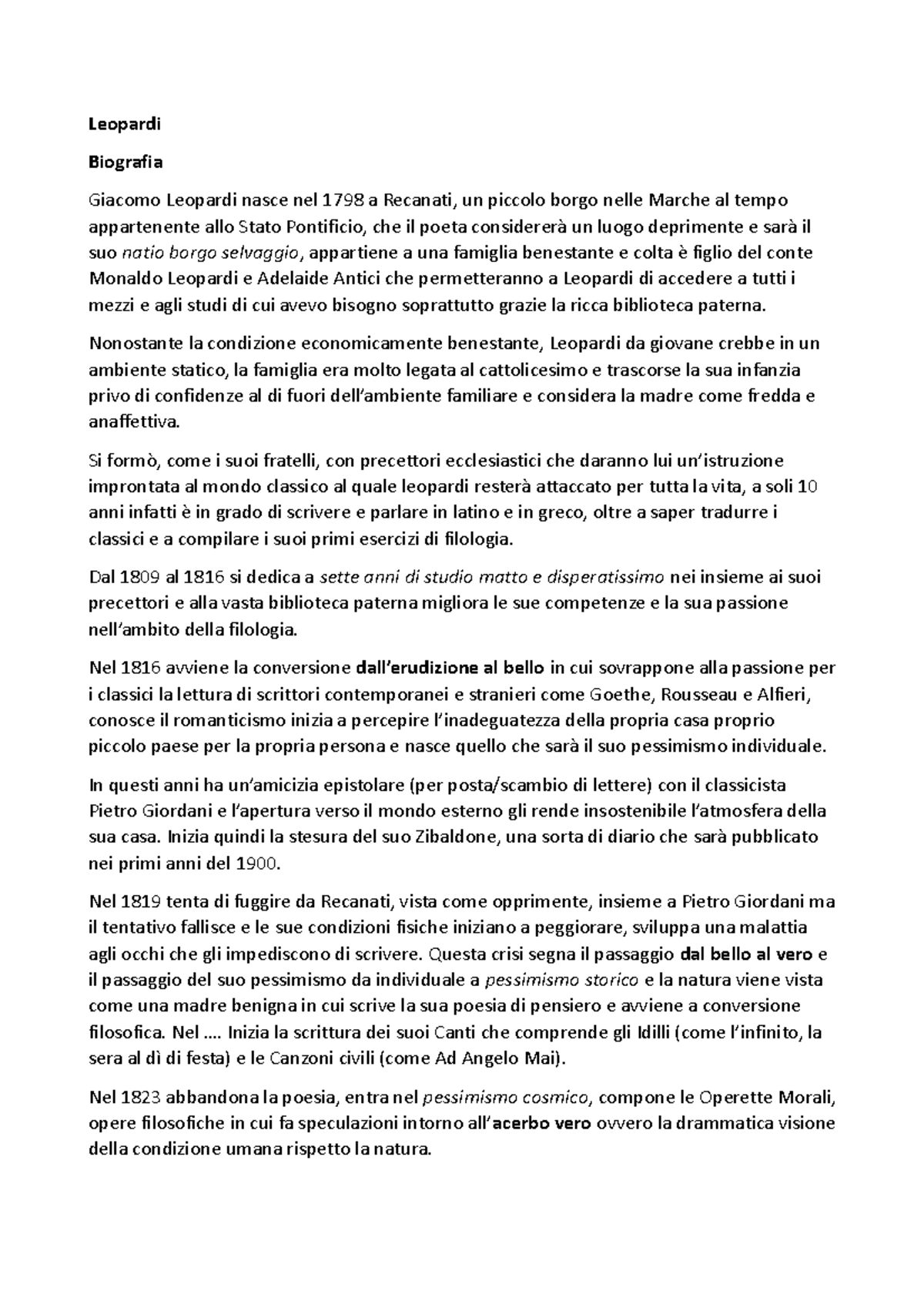 Giacomo Leopardi - Riassunto - Leopardi Biografia Giacomo Leopardi ...