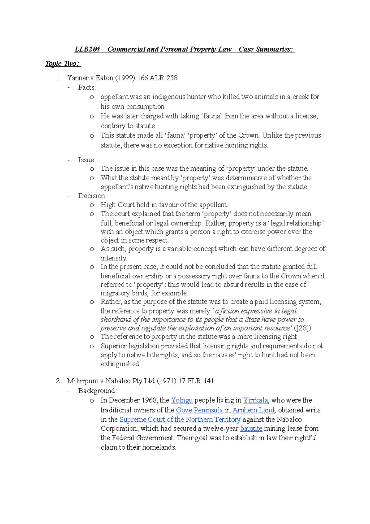 LLB 204 Case Summaries - LLB204 - QUT - Studocu