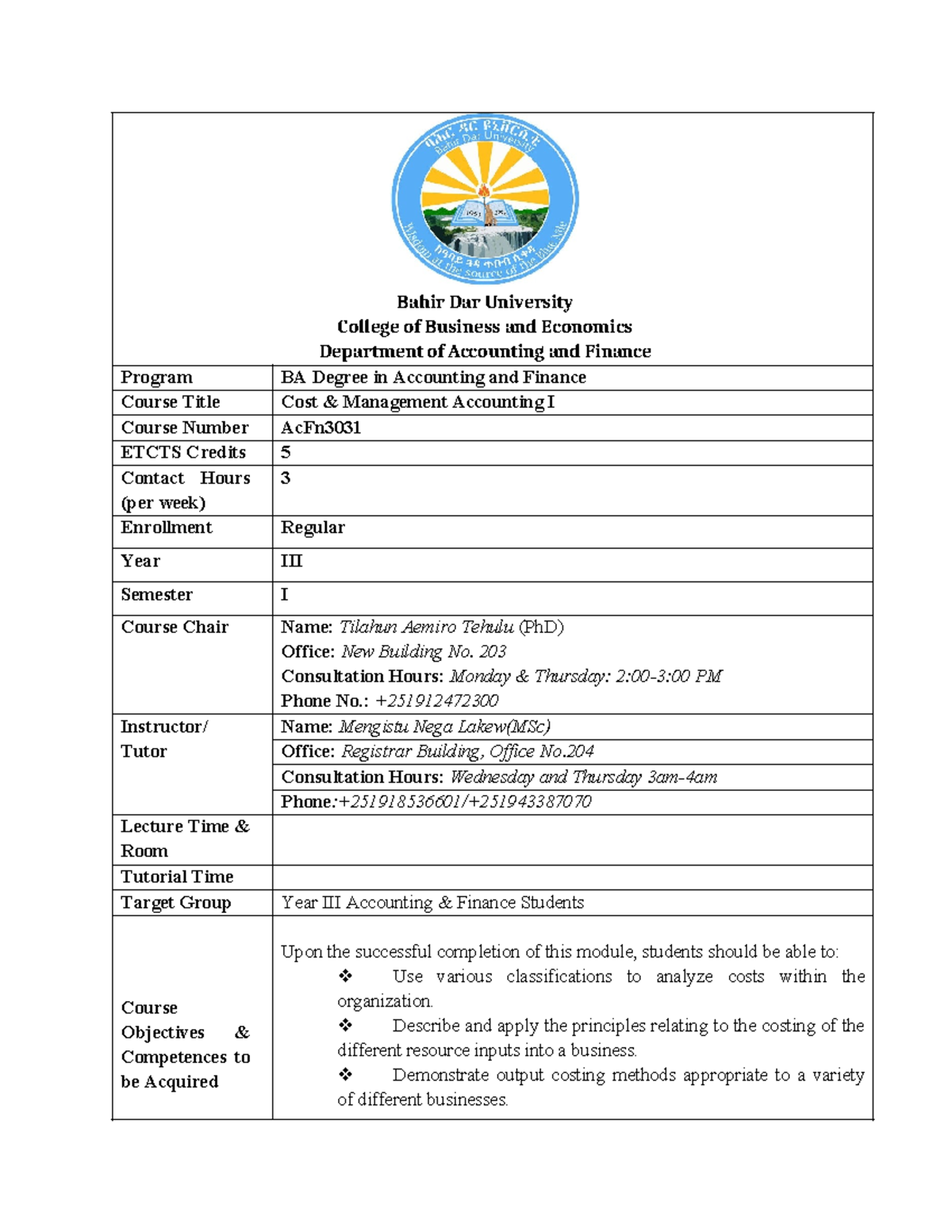 Cost course out line - JfghG - Bahir Dar University College of Business ...