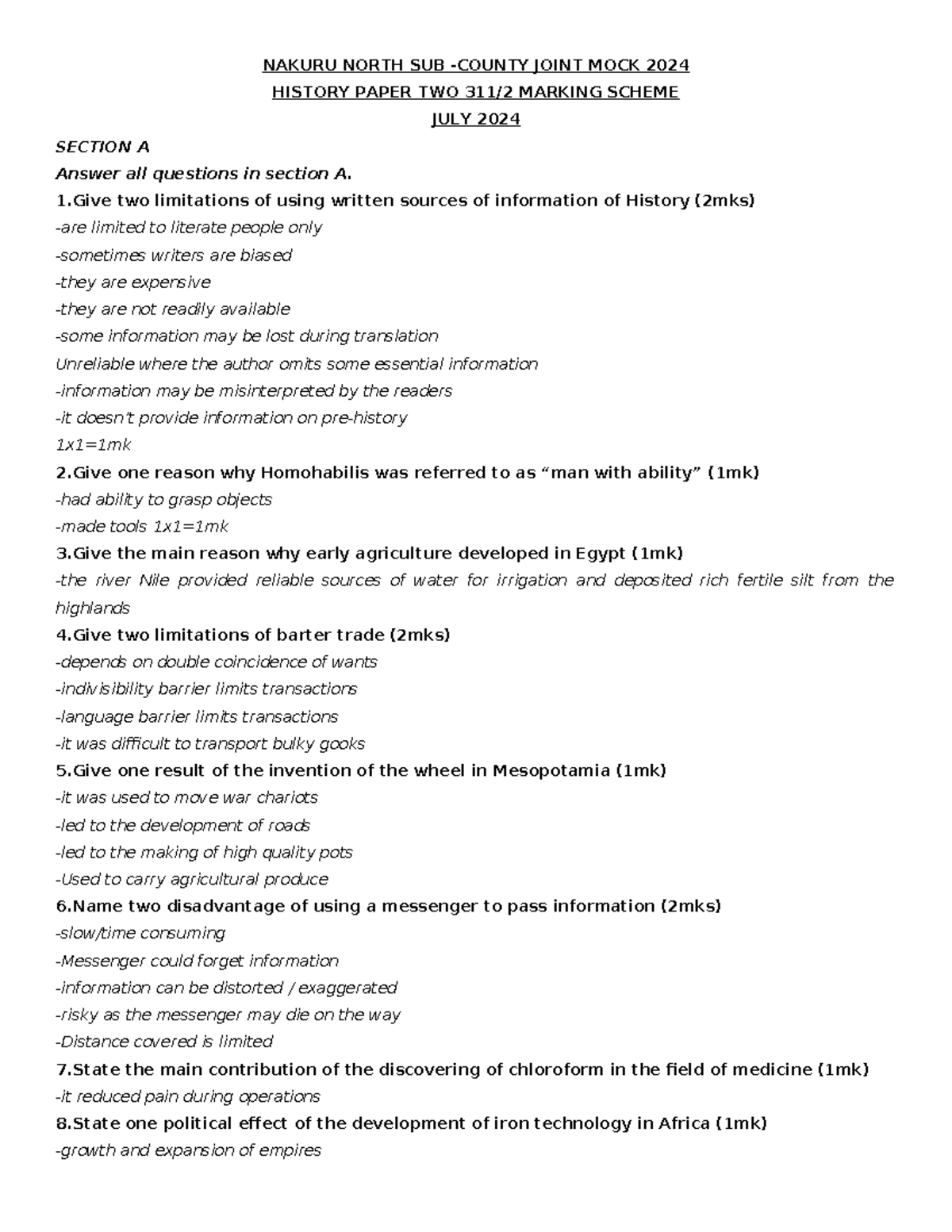 History Government PP2 MS - NAKURU NORTH SUB -COUNTY JOINT MOCK 2024 ...