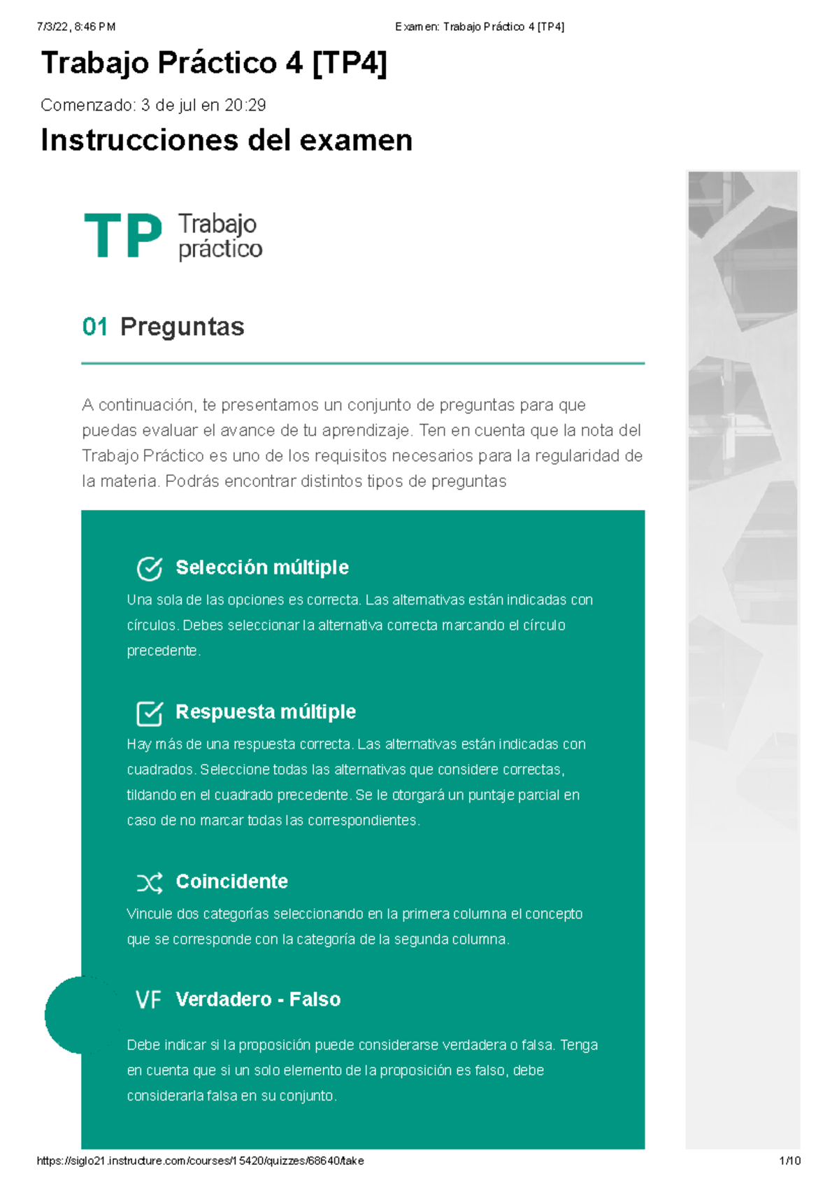 Examen Trabajo Práctico 4 [TP4]-yo - Trabajo Práctico 4 [TP4] Comenzado: 3 de jul en 20: - Studocu