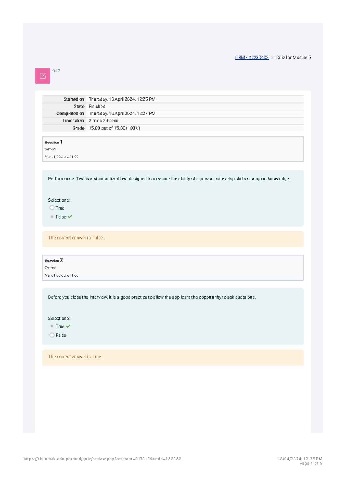 Quiz for Module 5- Attempt review - HRM - A2230403 Quiz for Module 5 ...