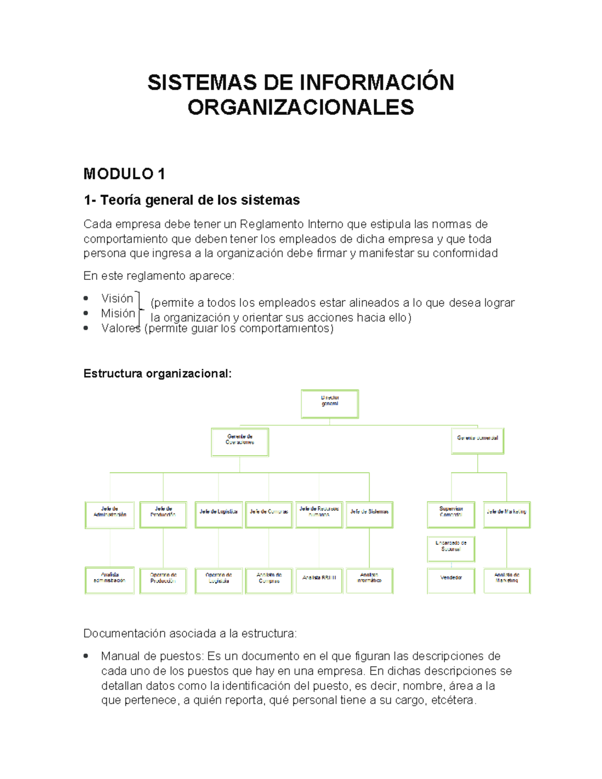 Sist de info oganizacionales - SISTEMAS DE INFORMACIÓN ORGANIZACIONALES MODULO 1 1- Teoría ...