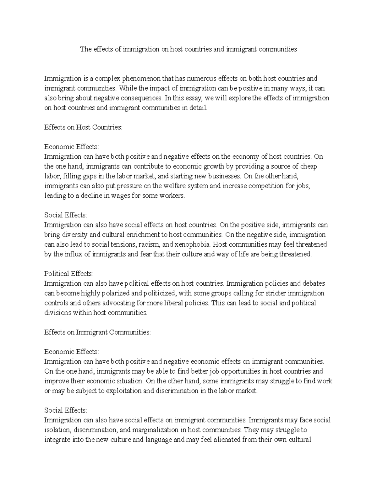 The effects of immigration on host countries and immigrant communities ...