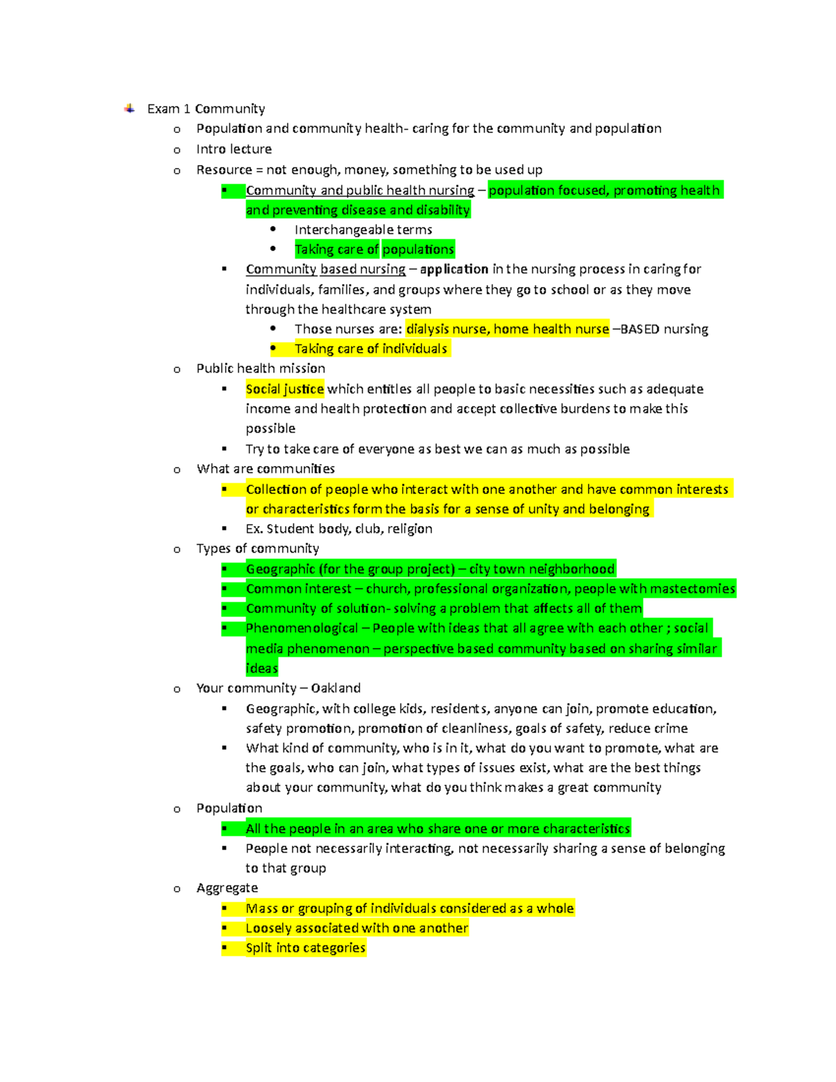Community Exam 1 - Exam 1 Community o Population and community health ...