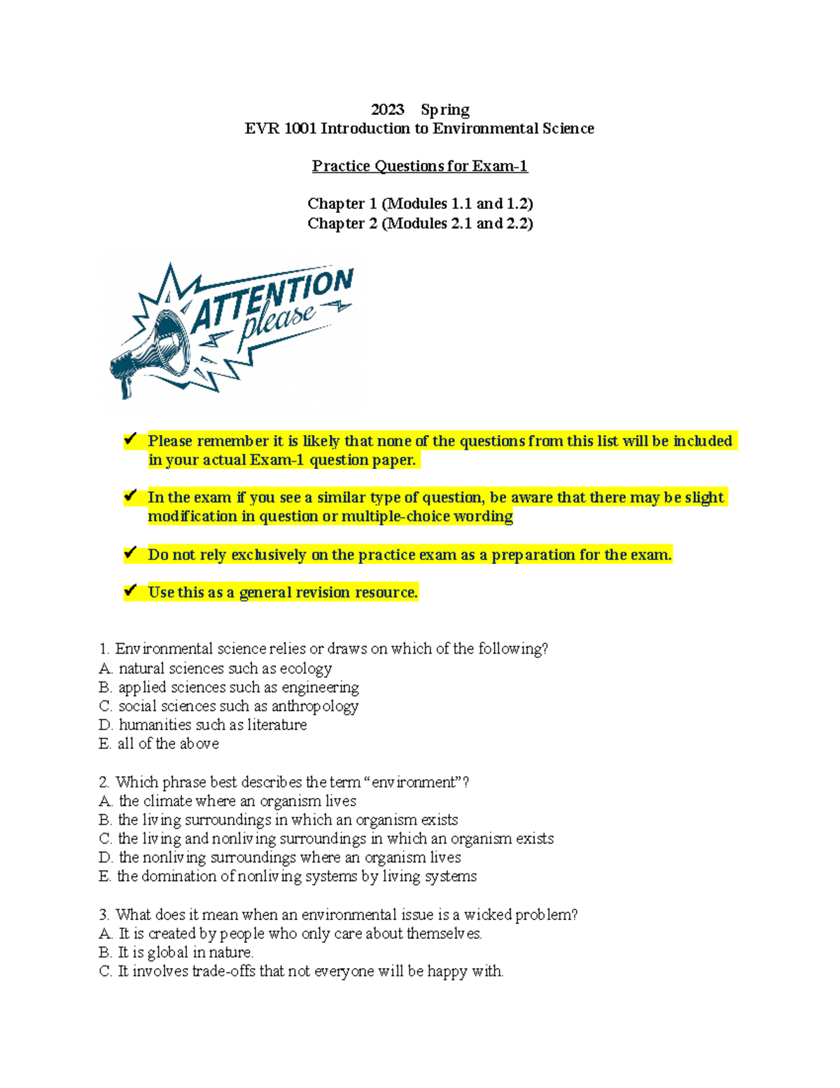 Exam-1 Practice Questions 1A-6 - 2023 Spring EVR 1001 Introduction to ...