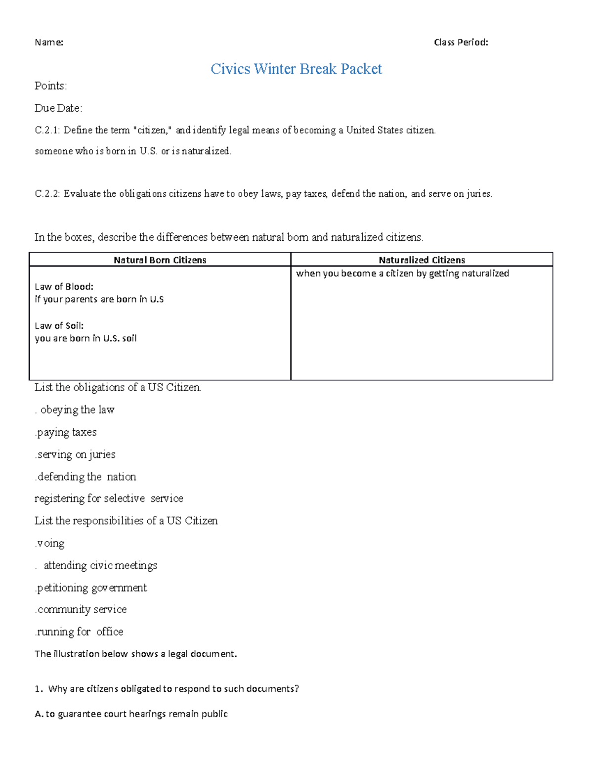 Civics Winter Break Packet - Civics Winter Break Packet Points: Due ...