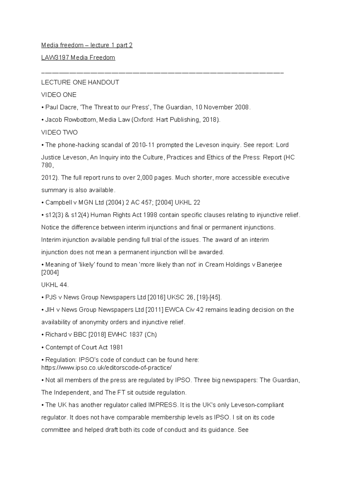 Lecture 1 pt 2 - slides - Media freedom – lecture 1 part 2 LAW3197 Media Freedom - Studocu