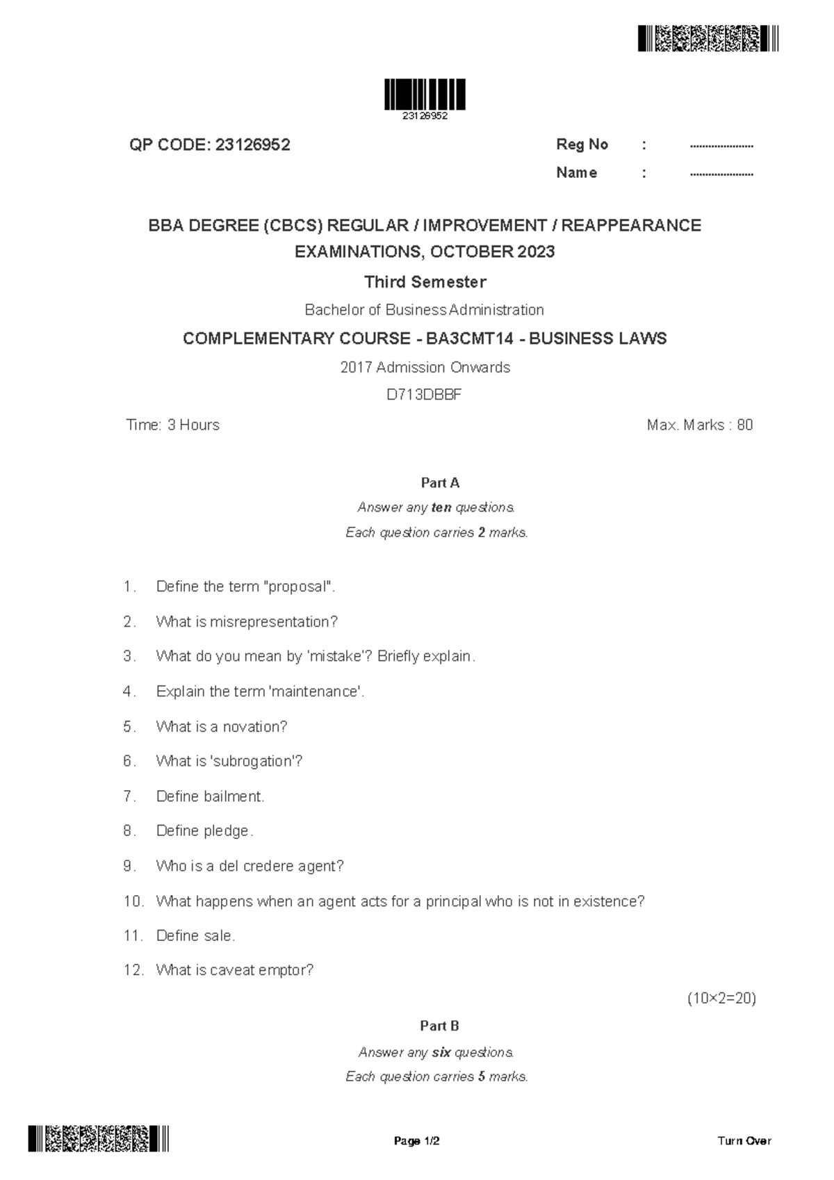 - Business LAWS - Question paper answers - QP CODE: 23126952 Reg No : ..................... Name ...