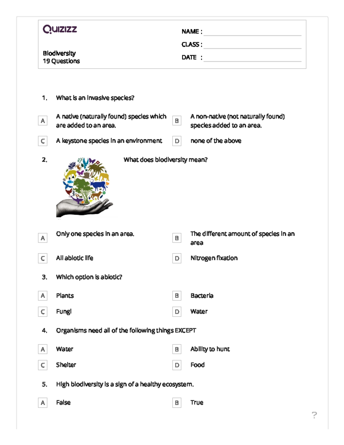 Biodiversity Study Guide - Biodiversity 19 Questions NAME : CLASS ...