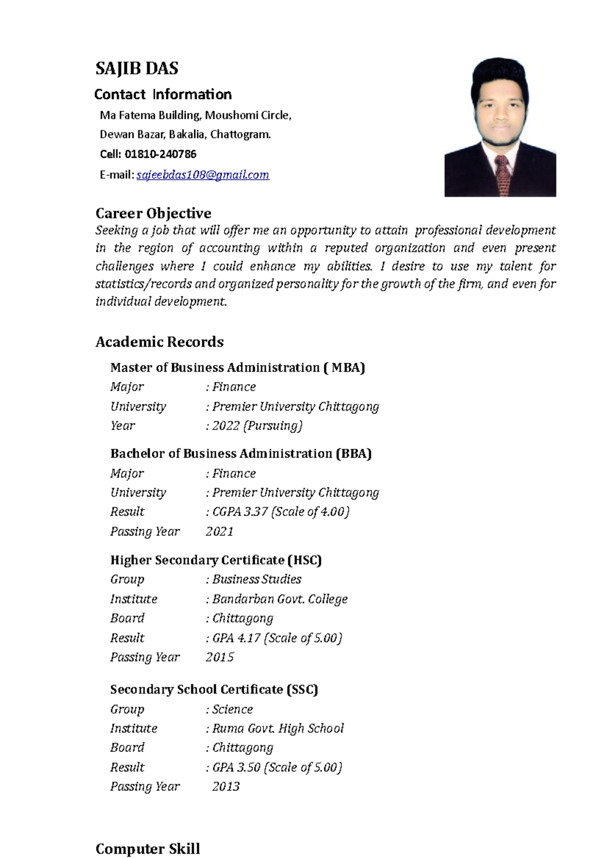 Resume of Sajib Das - It will be helpful for the other students. - R ...