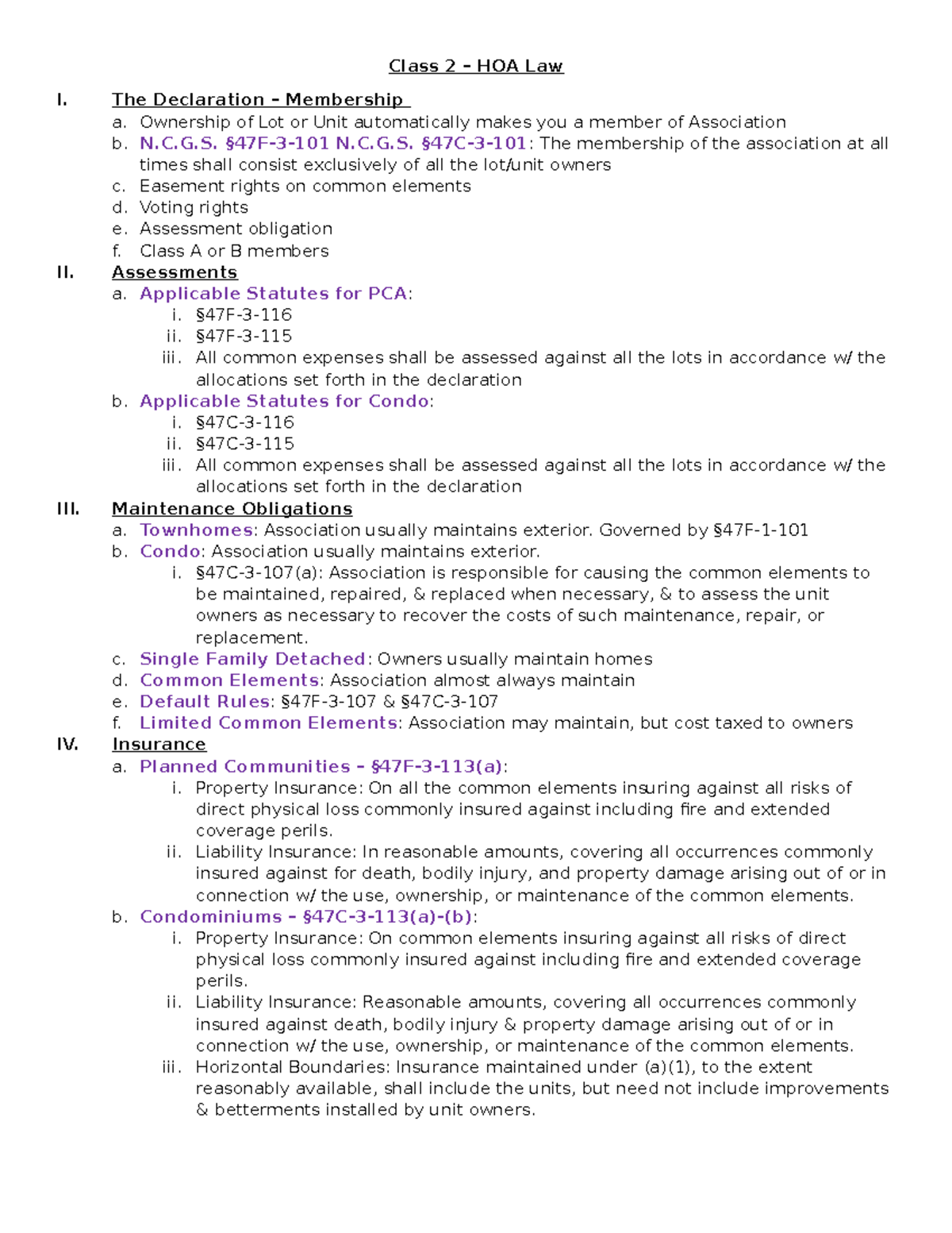 HOA Notes - HOA Summary - Class 2 – HOA Law I. The Declaration ...
