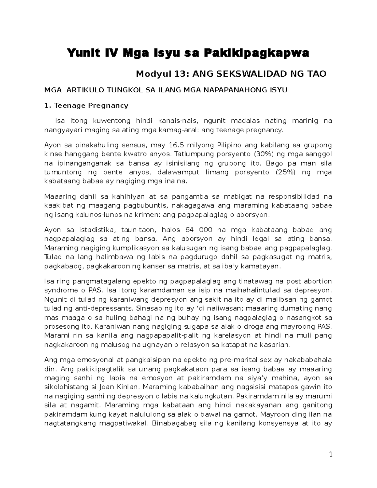 Pdfcoffee - sgdv - Yunit IV Mga Isyu sa Pakikipagkapwa Modyul 13: ANG SEKSWALIDAD NG TAO MGA ...