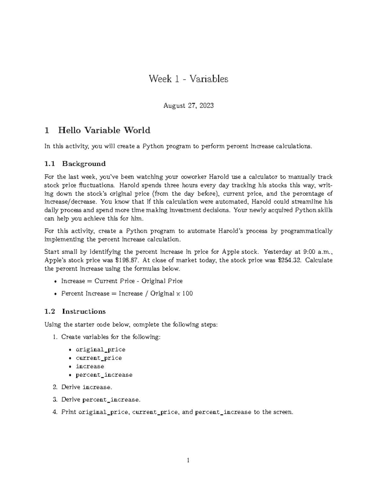 Week 1 Variables In Class Activities Week 1 Variables August 27