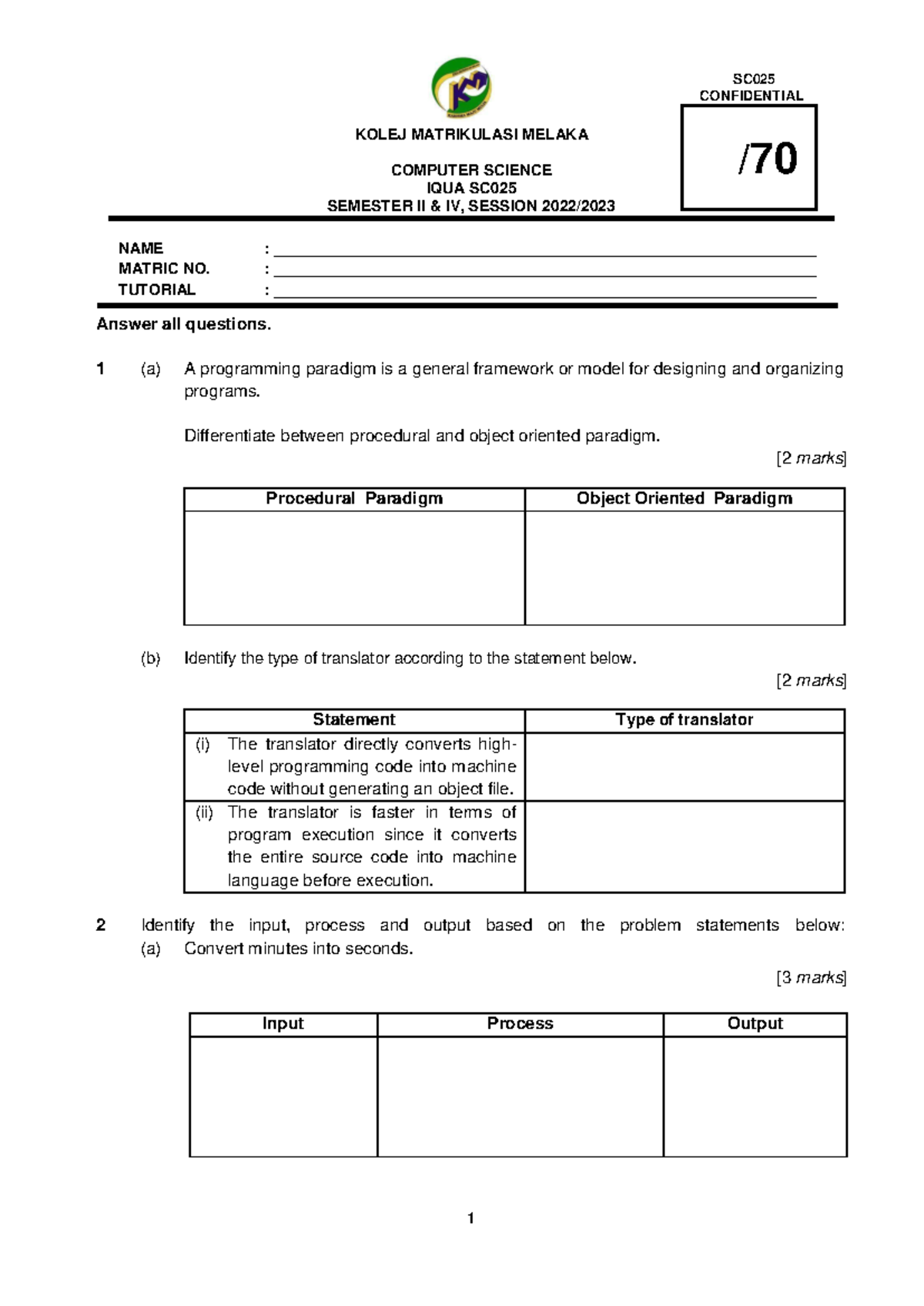 PRE PSPM SC025 KMM SESI 20222023 - CONFIDENTIAL KOLEJ MATRIKULASI ...