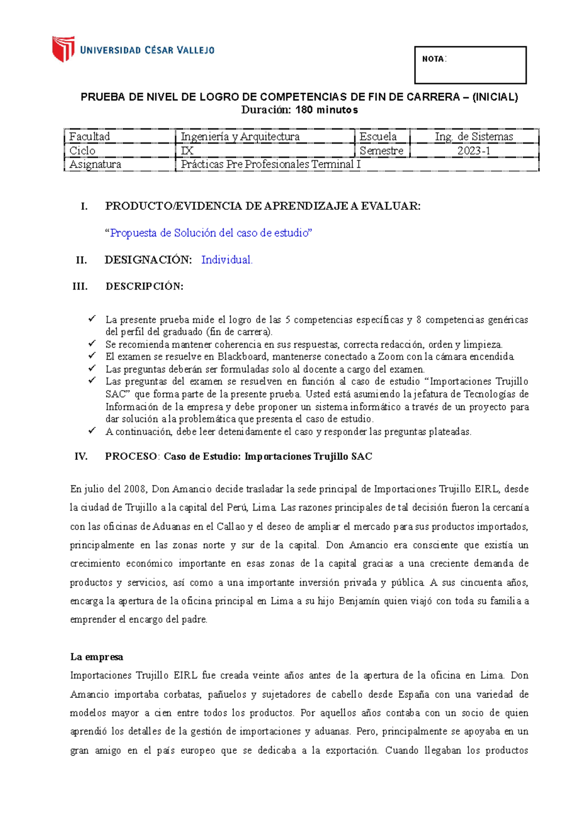 Examen PLC IV Nivel (Entrada) 2023-1 9no Plan D - PRUEBA DE NIVEL DE LOGRO DE COMPETENCIAS DE ...