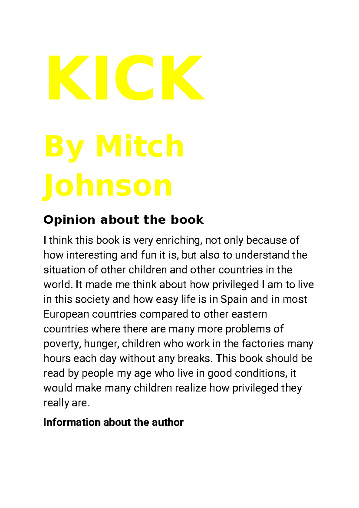 World BOOK DAY Project - dede - KICK By Mitch Johnson Opinion about the ...