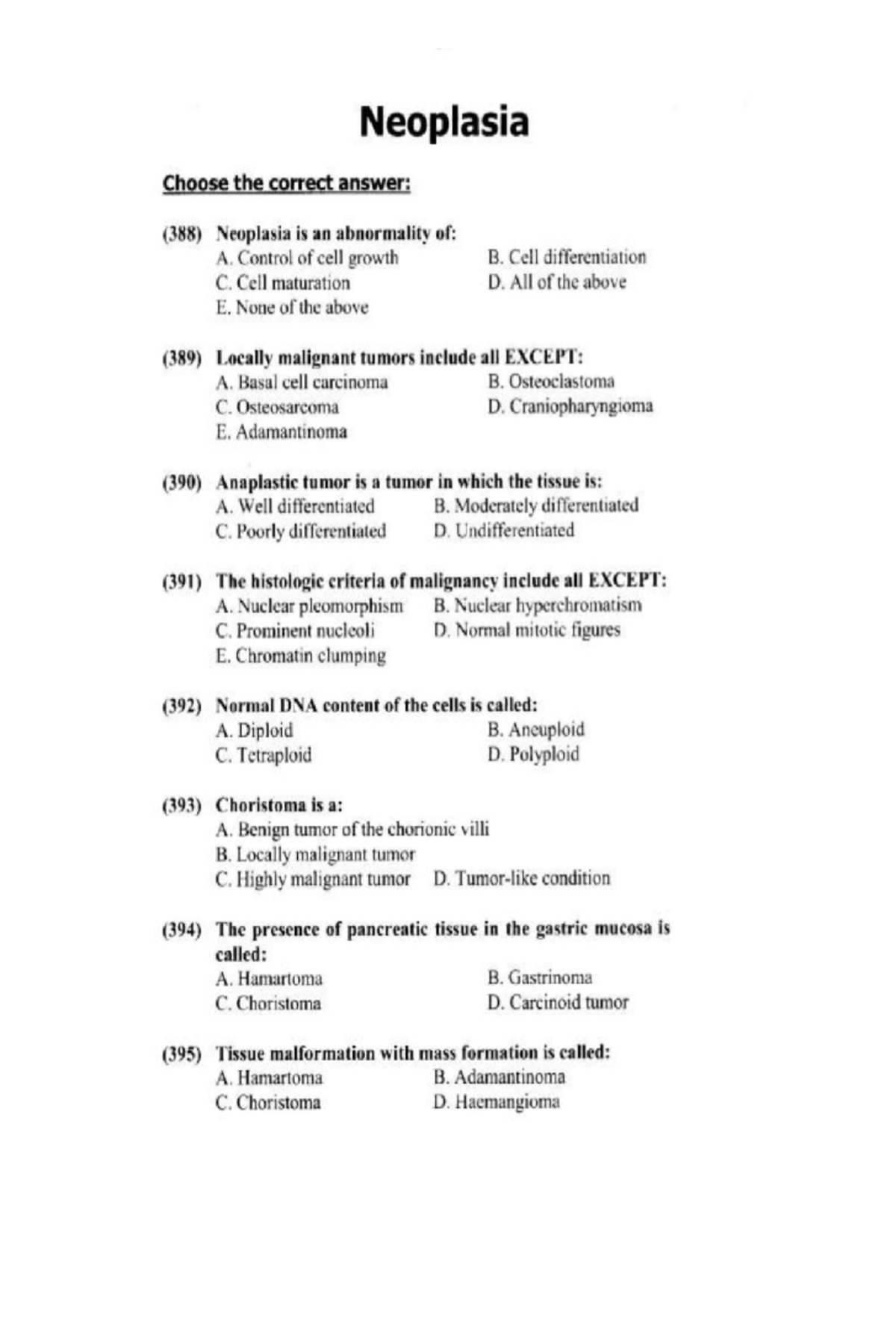 Neoplasia MCQ - Neoplasia and Growth Disorders - Studocu
